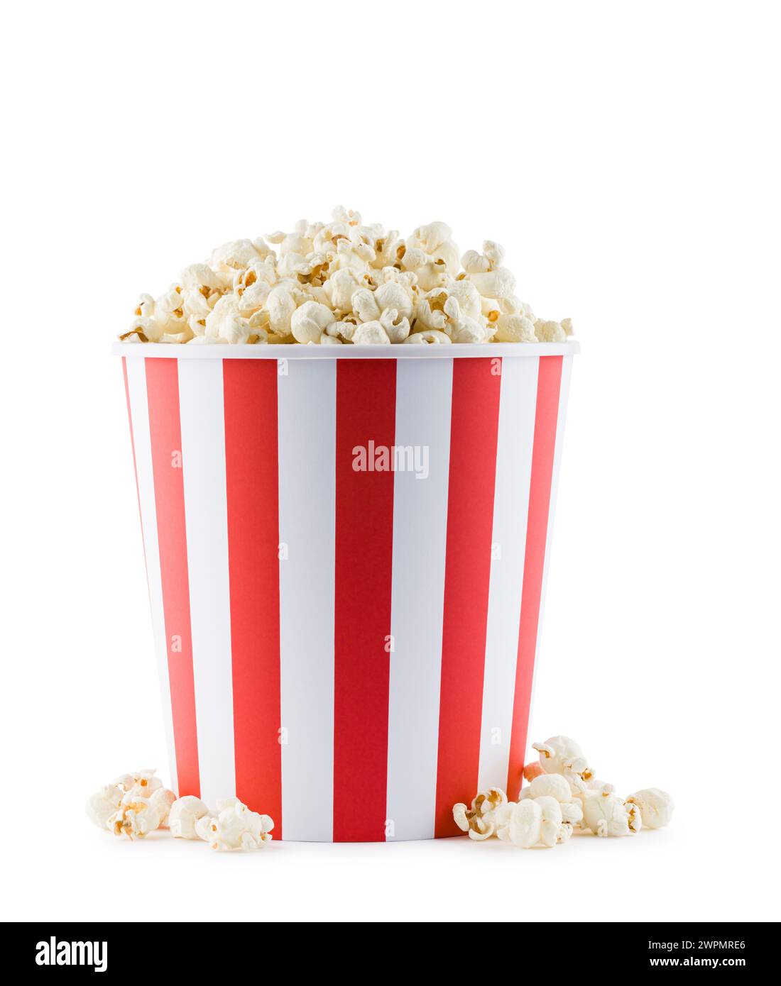 Popcorn in red and white striped container, isolated on white ...
