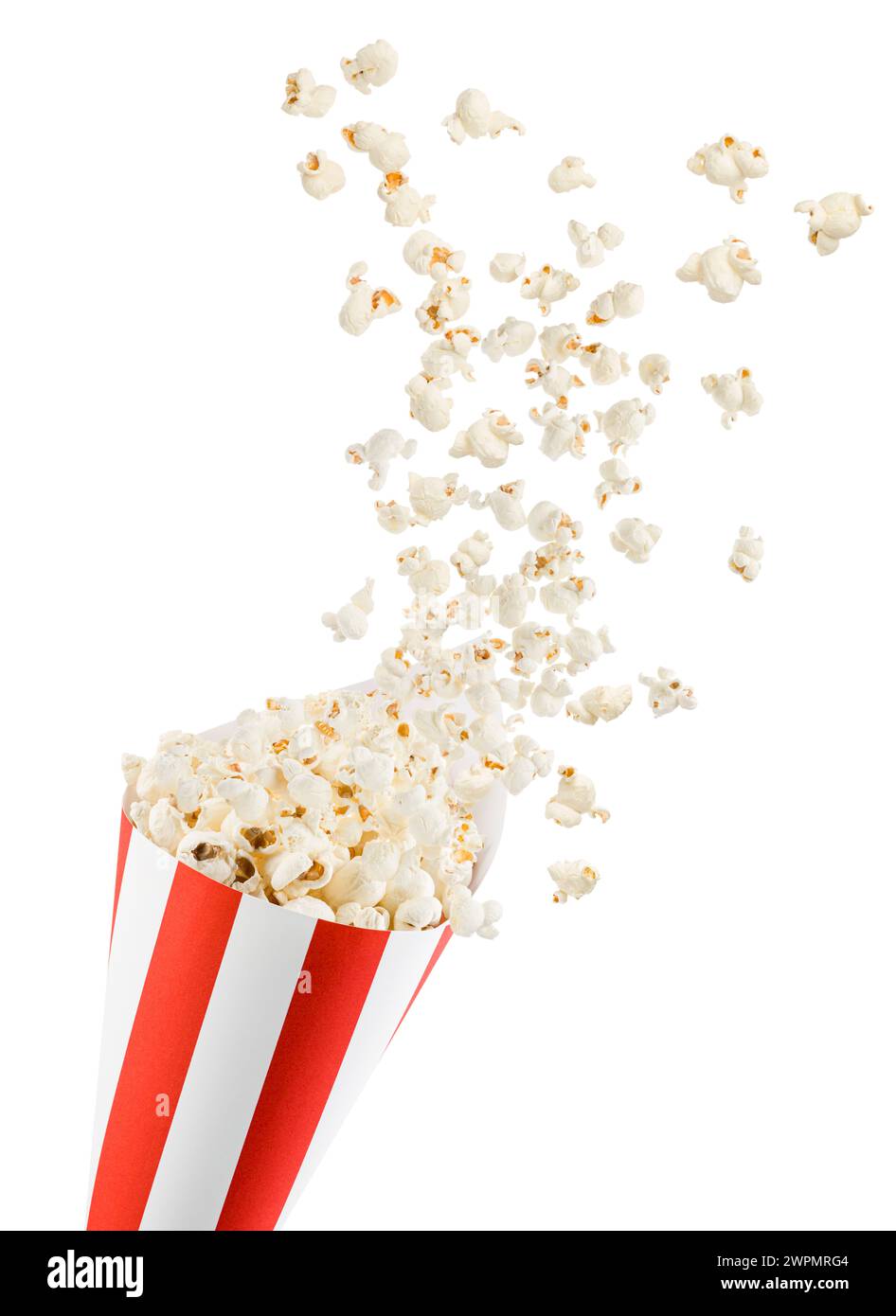 Popcorn flying from red and white striped container, isolated on white ...
