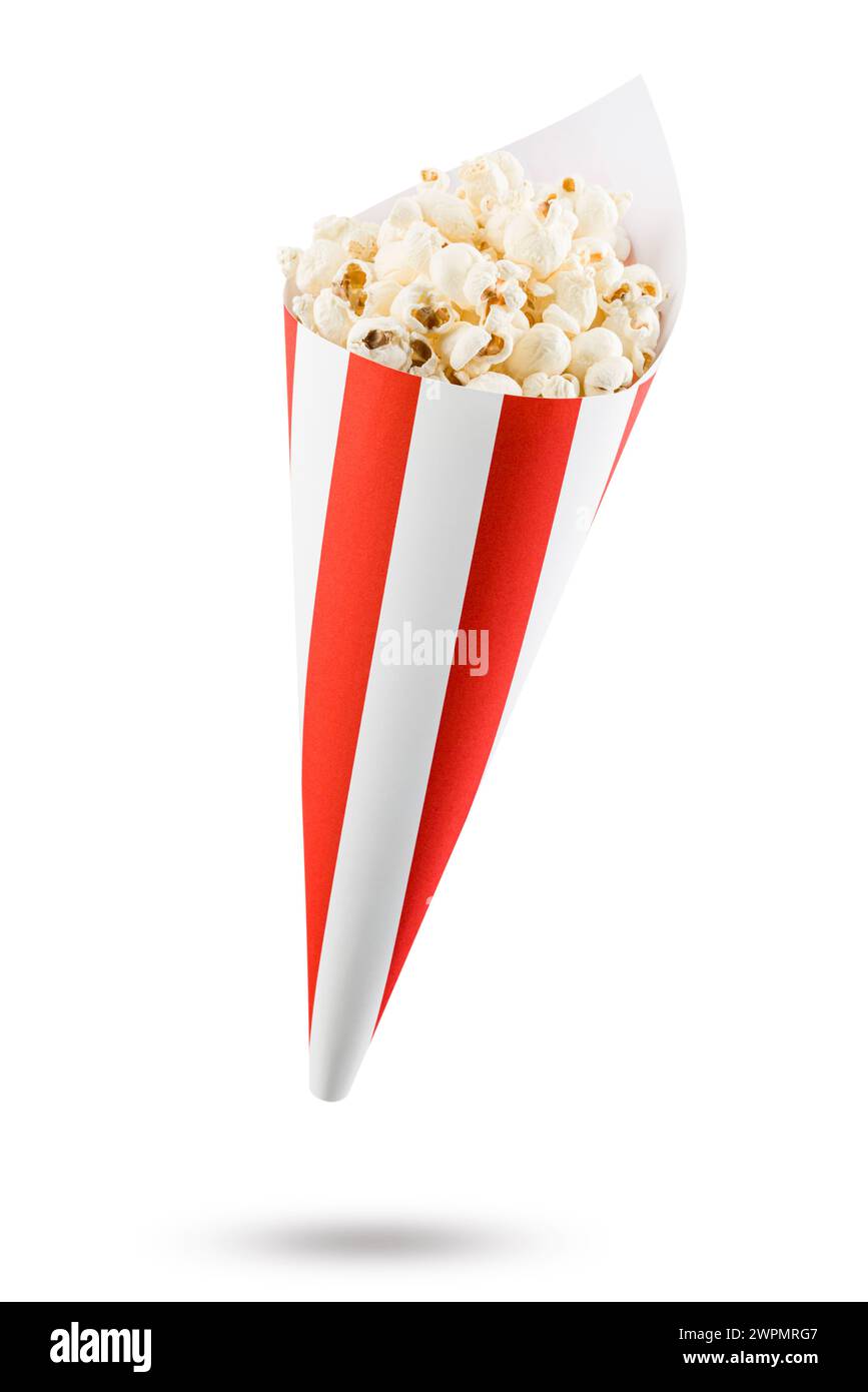 Popcorn in red and white striped paper cone, isolated on white ...
