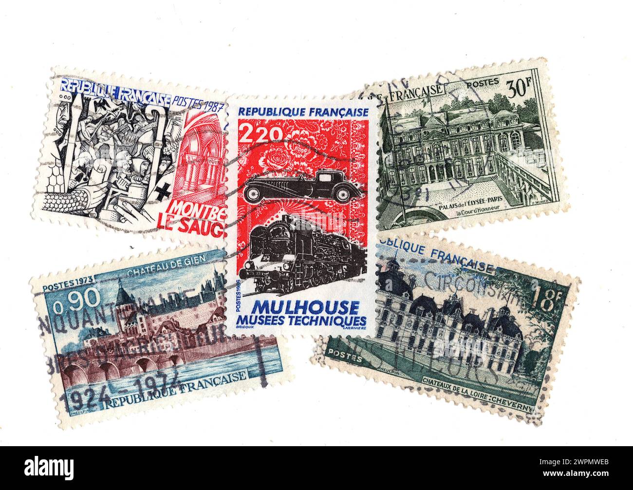A montage of vintage postage stamps from France isolated on a white ...