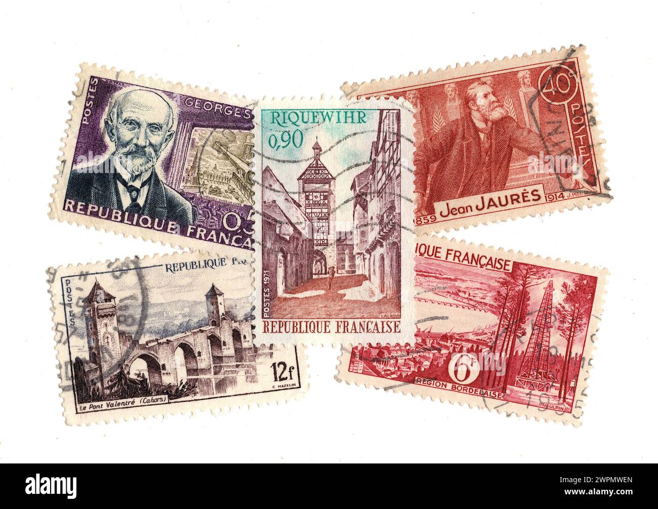 A montage of vintage postage stamps from France isolated on a white ...