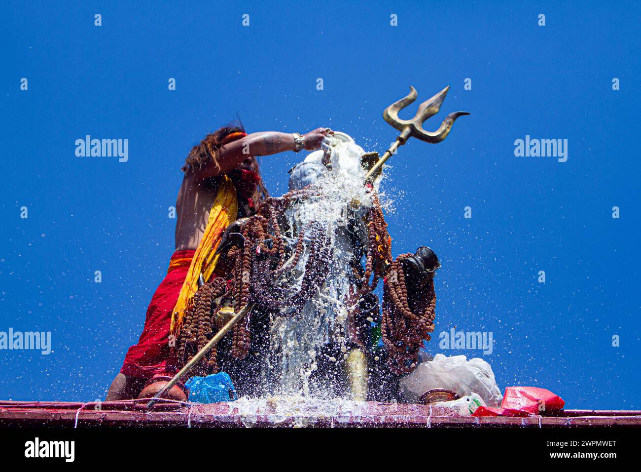 A Hindu priest pours milk as he offers prayers to idol of Lord Shiva at ...
