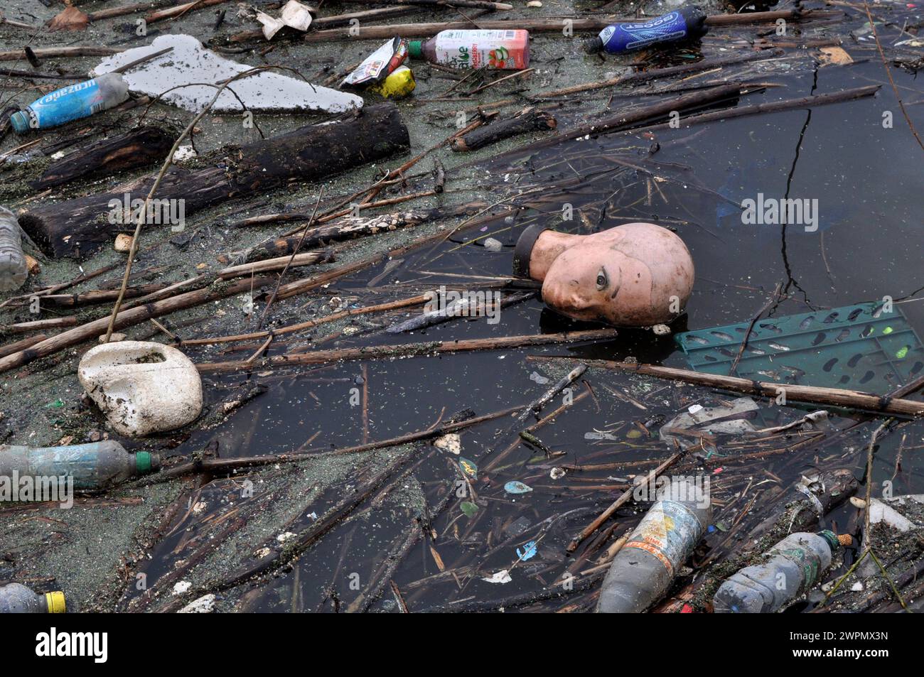 Detritus including plastic head etc floating on water at Salford Quays ...