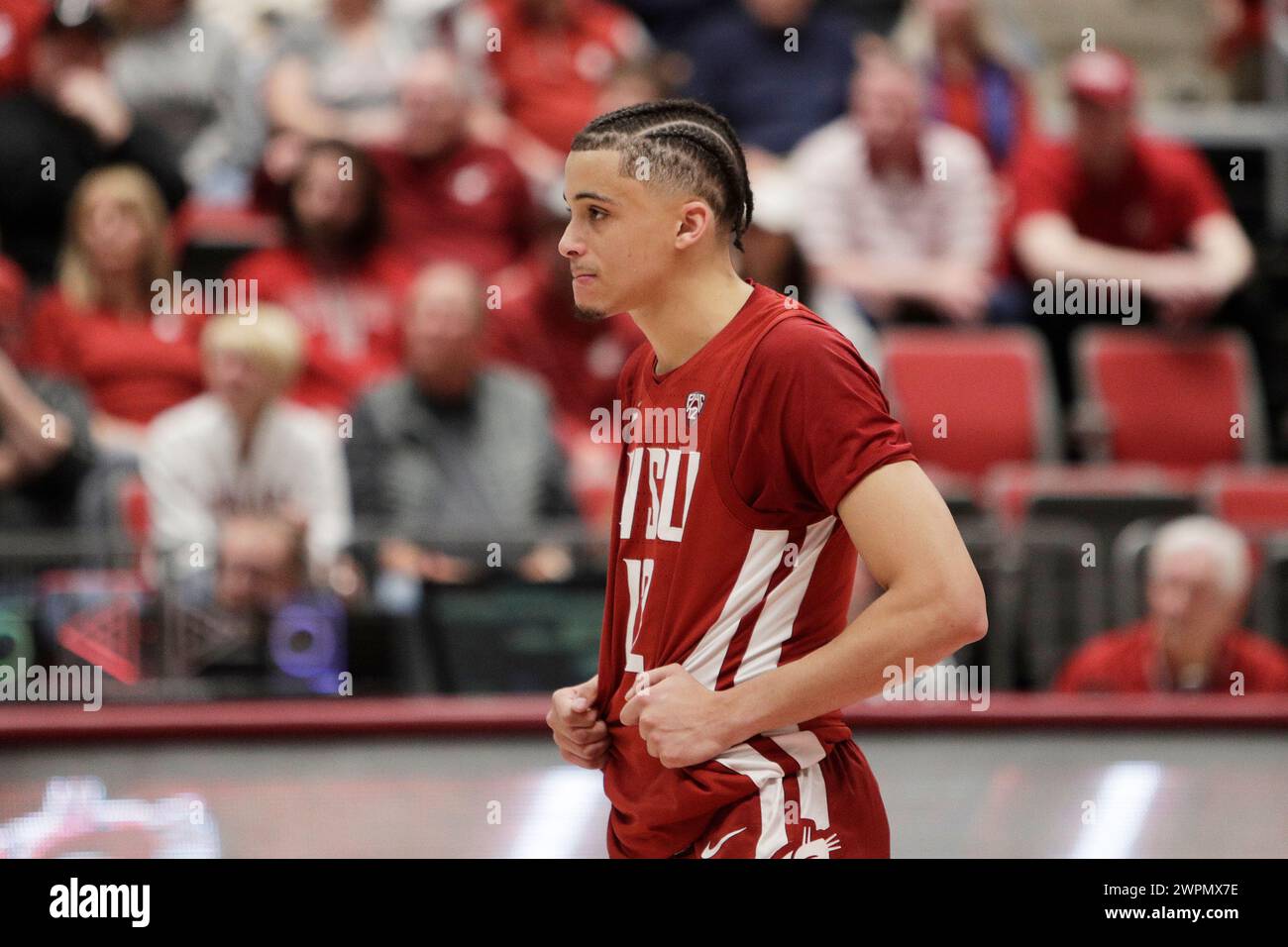 Washington State guard Isaiah Watts stands on the court the second half ...