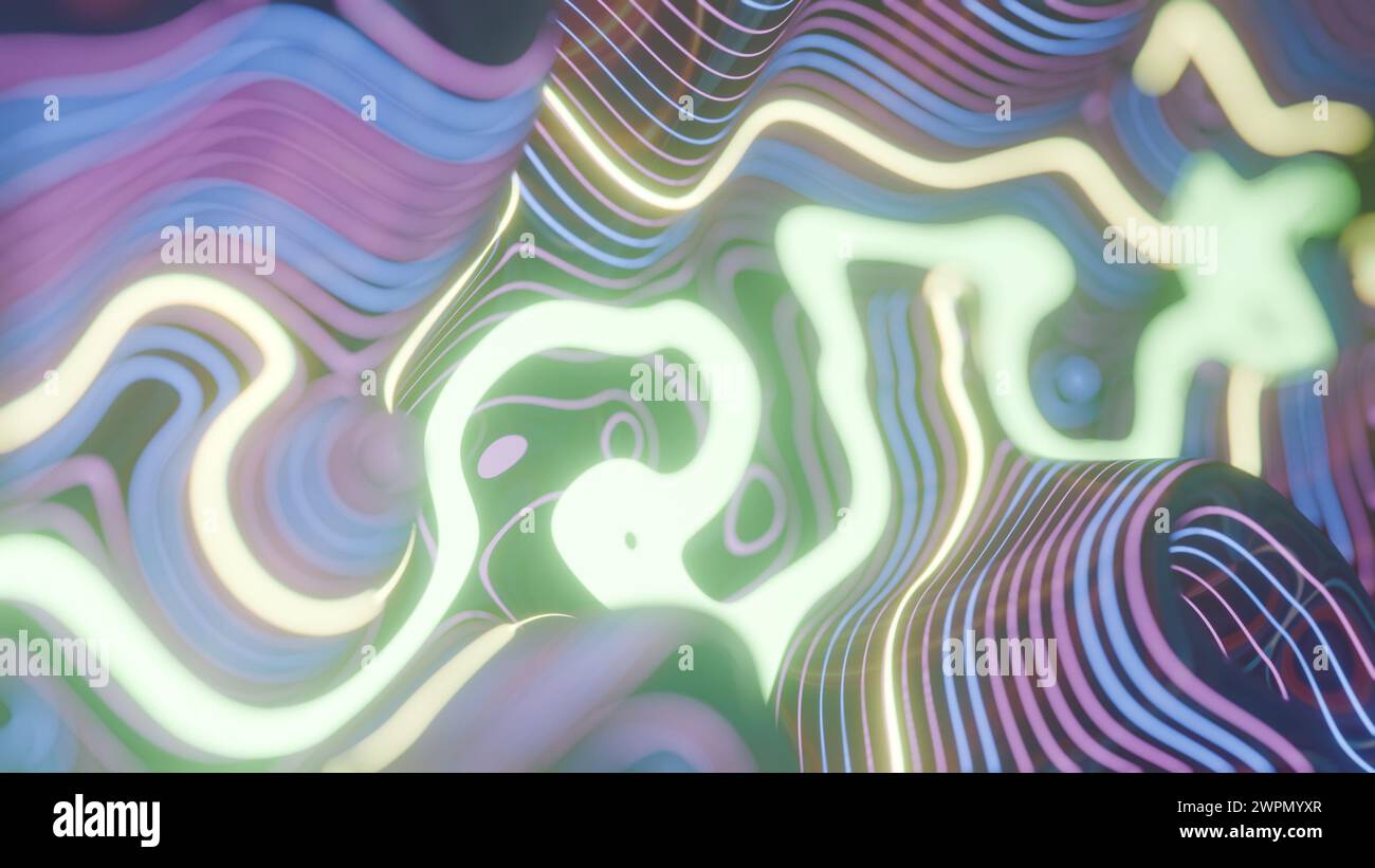 Waves of dynamic waveforms with effects, creating a visually rhythmic and harmonious composition ...