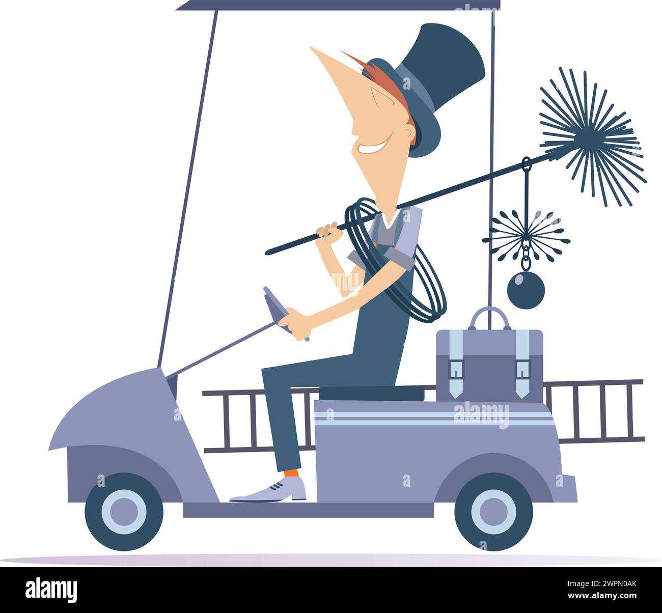 Cartoon chimney sweeper rides on the car. Chimney sweeper on the car ...