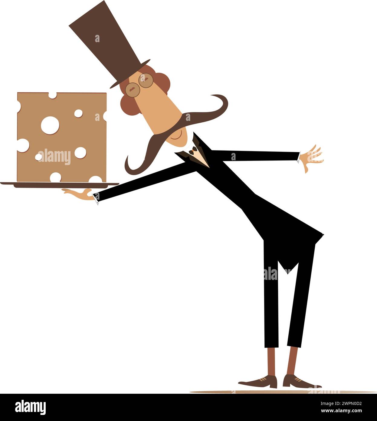 Man holds a tray with a piece of cheese. Cartoon long mustache man in ...
