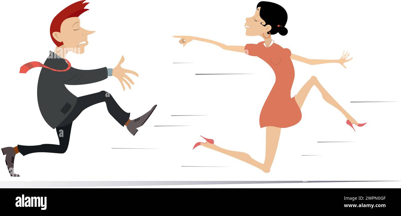 Upset man trying to catch up a runaway woman. Running woman looks back ...