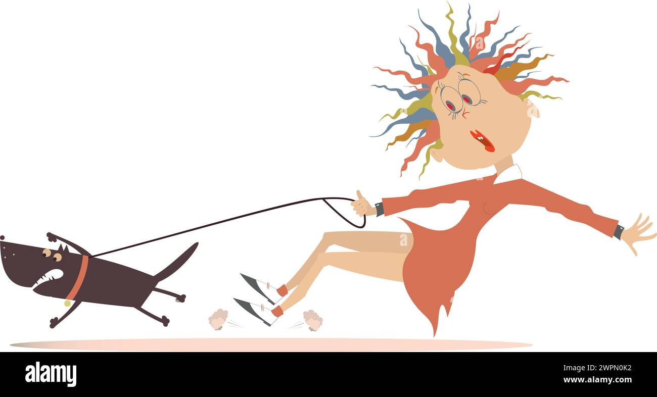 Funny woman and disobedient dog. Cartoon young woman tries to stop a ...