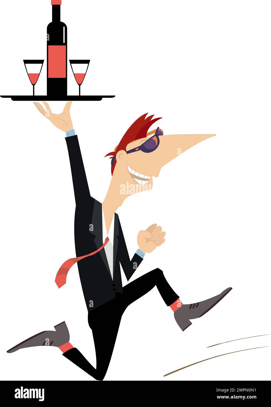 Running man holding a tray with a bottle and two glasses. Cartoon ...