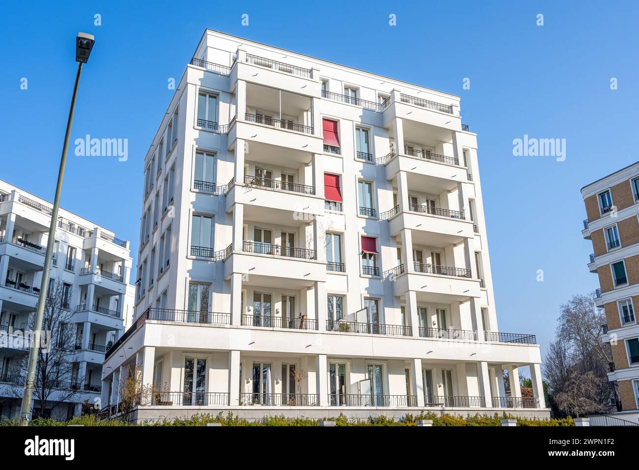 Modern white apartment buildings seen in Prenzlauer Berg, Berlin ...