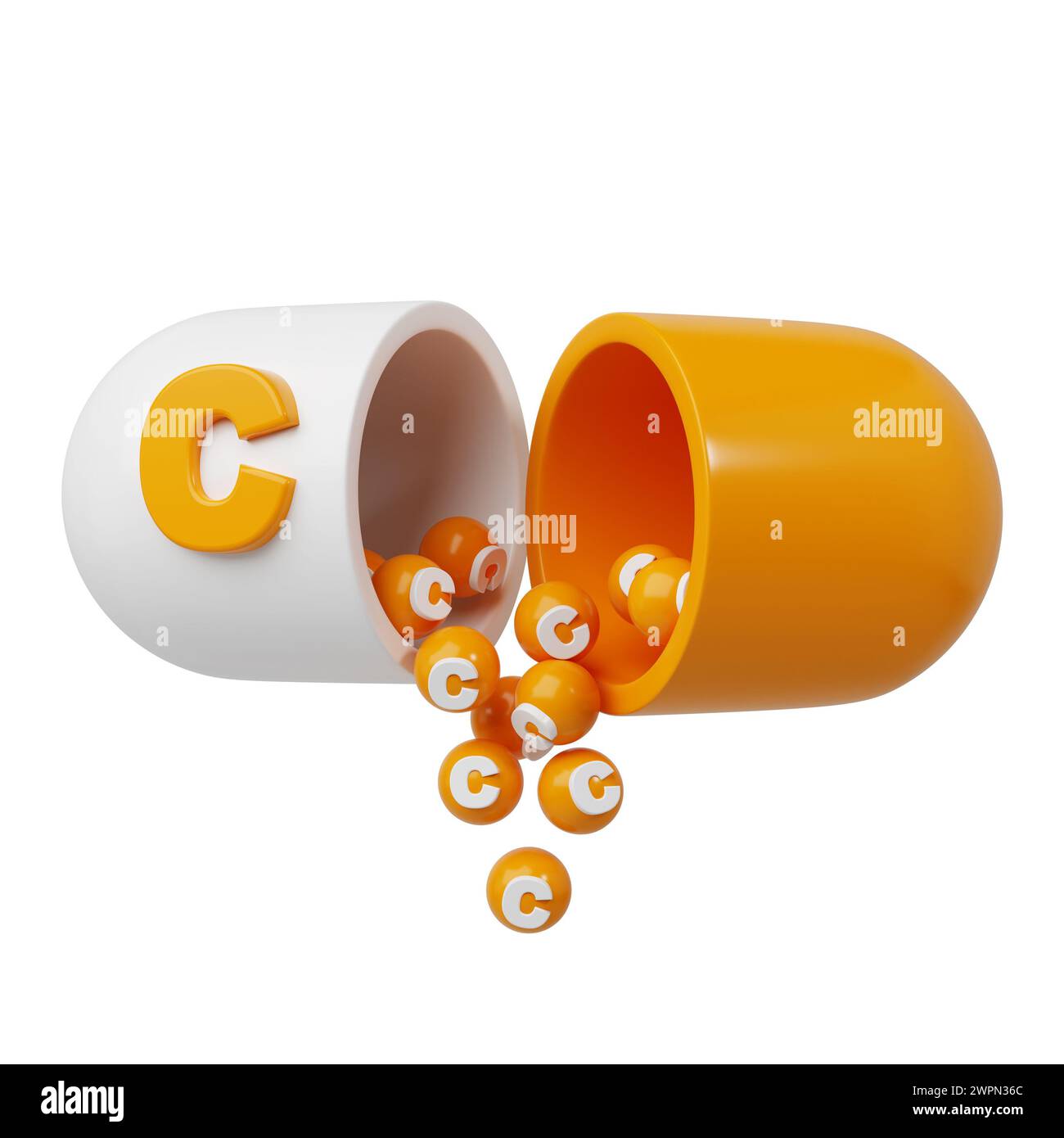 Orange pill or capsule filled with vitamin C. granules are poured out ...