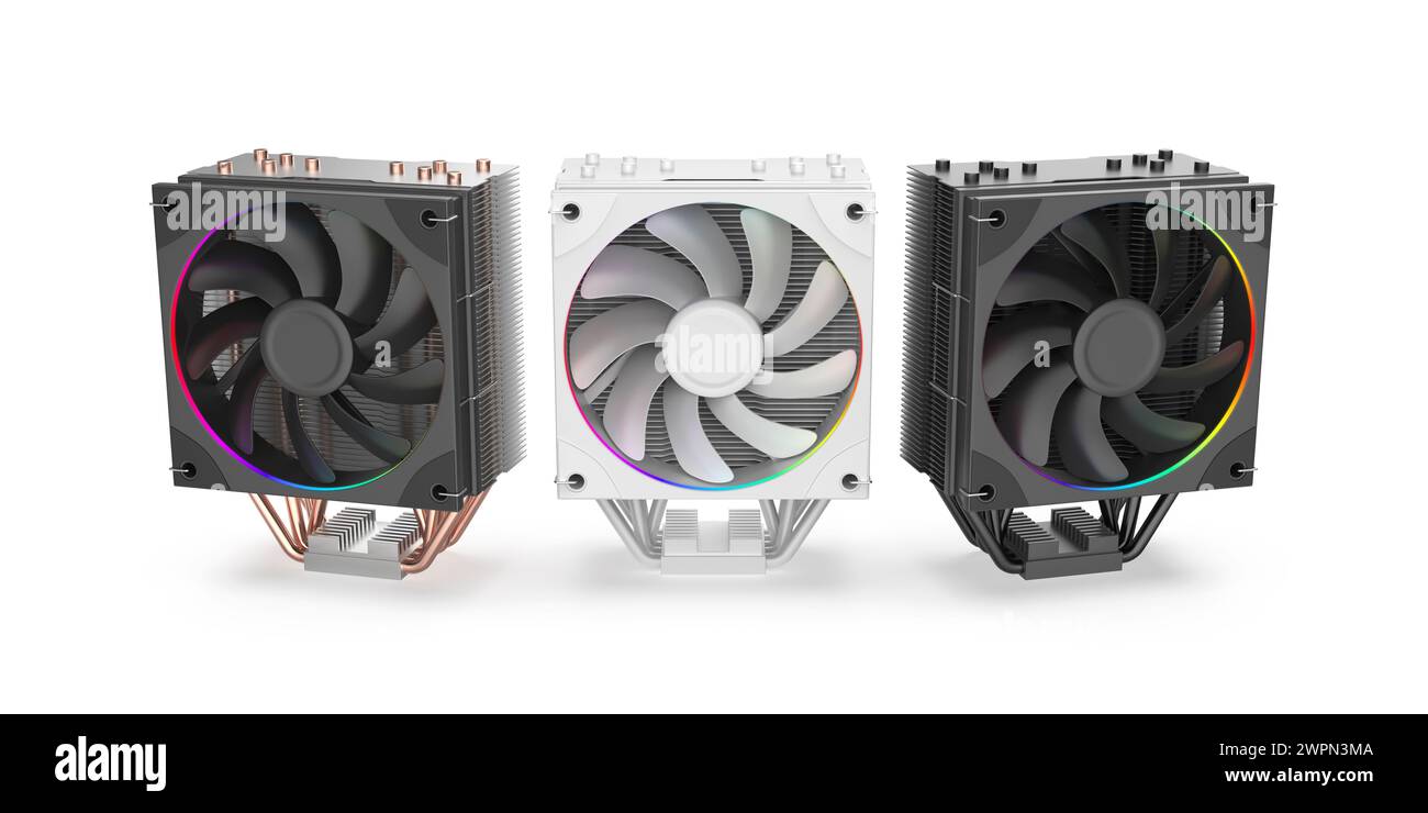 Three high performance computer processor coolers with different colors ...