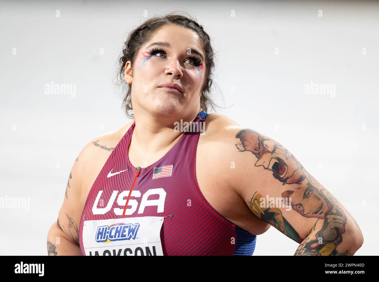 Chase Jackson of the USA competing in the women’s shot put at the World ...