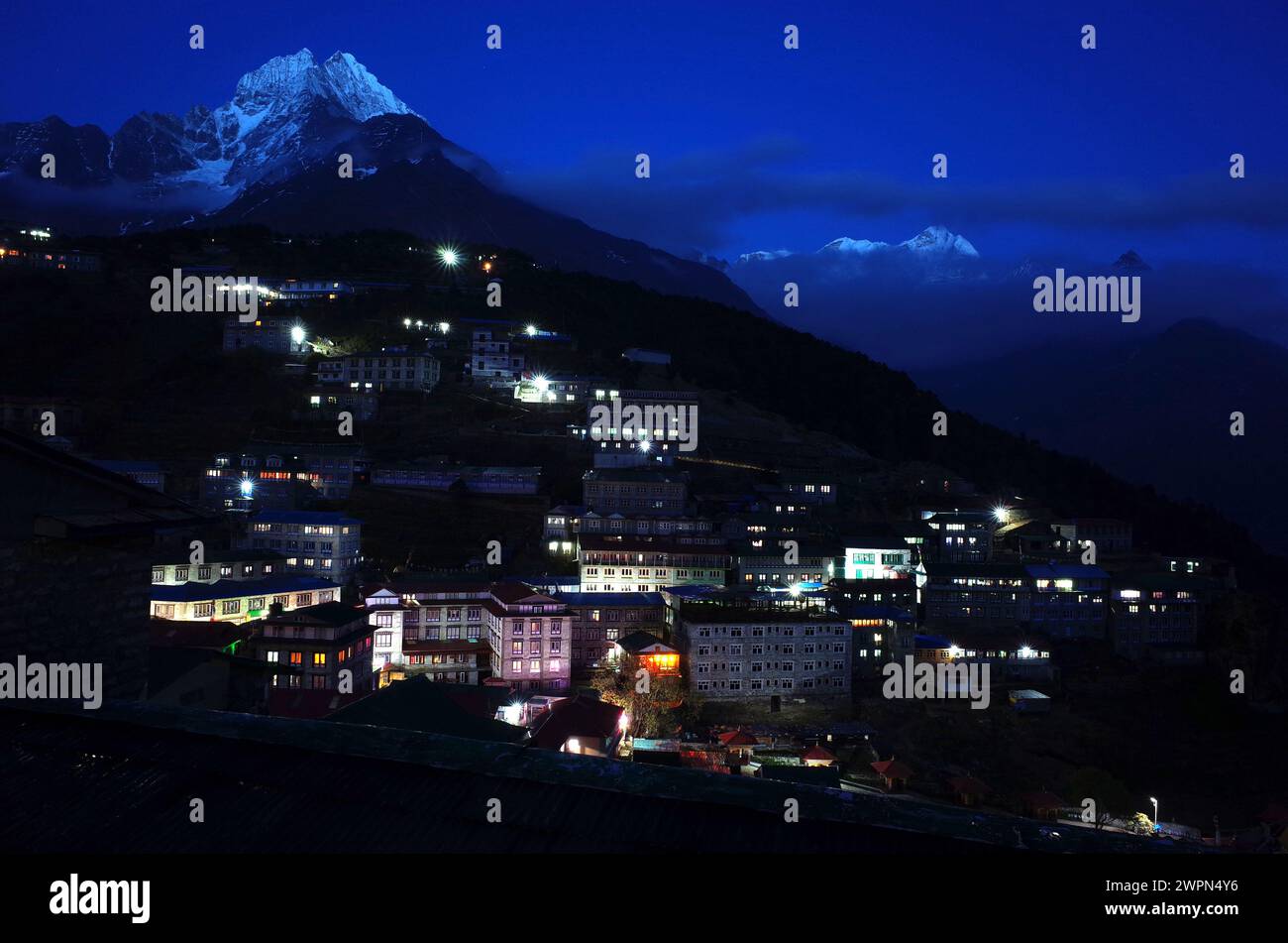 Night view of Namche Bazaar village and Thamserku mountain, Sagarmatha ...