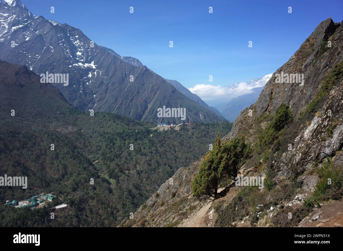 Everest trek, View of Deboche and Tengboche villages from Pangboche ...