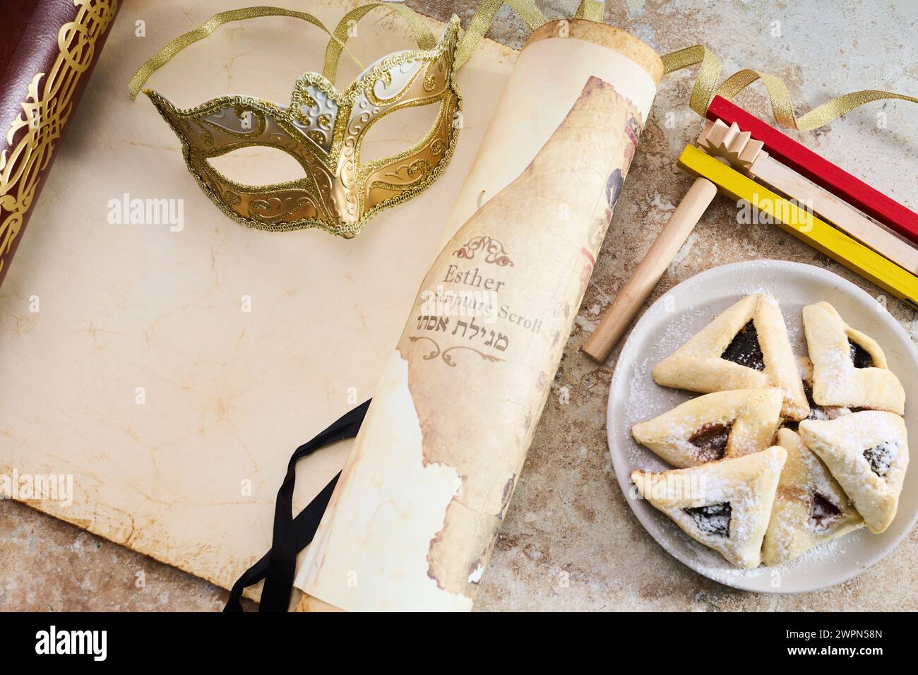 Scroll of Esther, haman's ears cookies.and Purim Festival objects Stock ...
