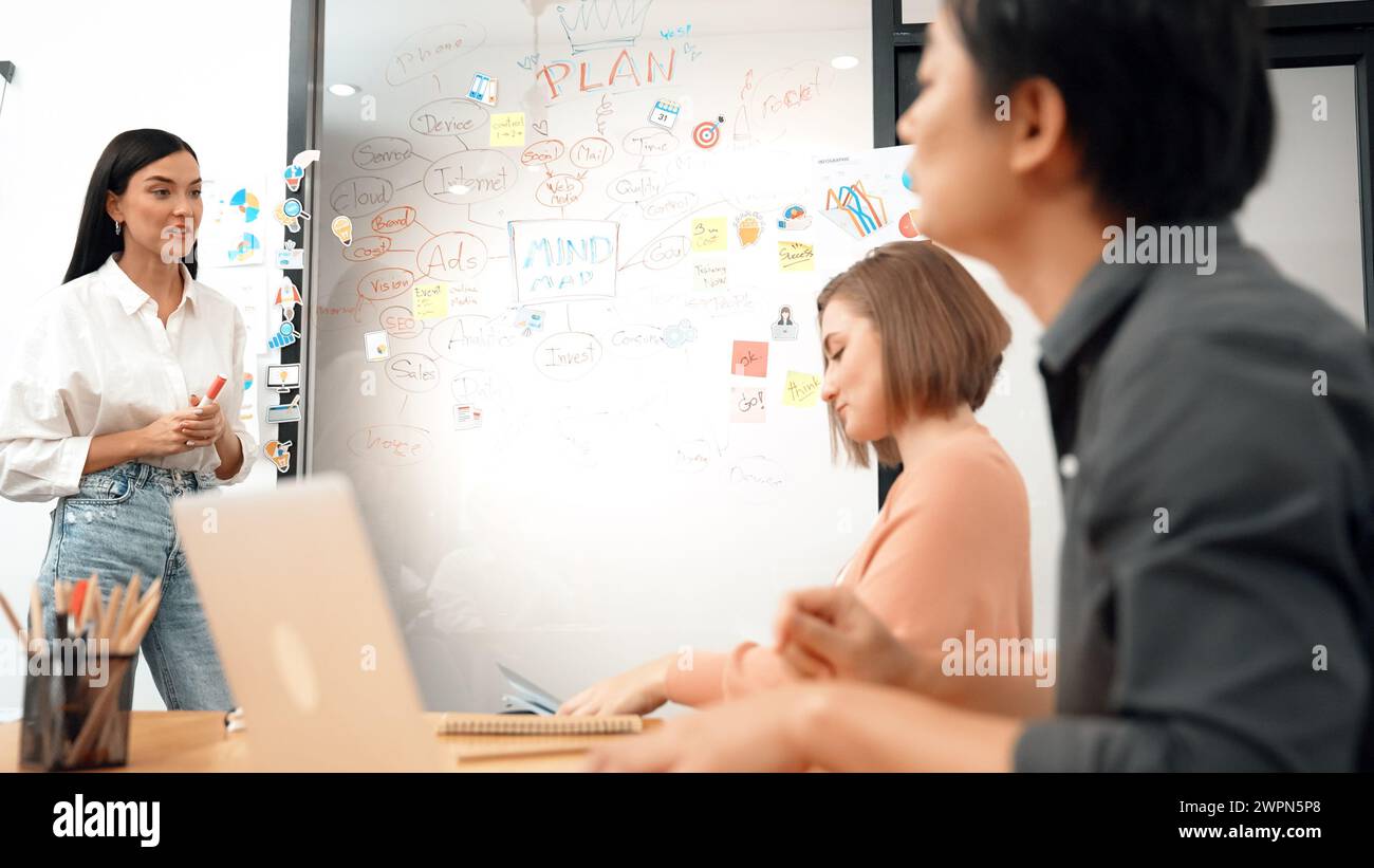 Young beautiful investor shares marketing strategy with attentive ...