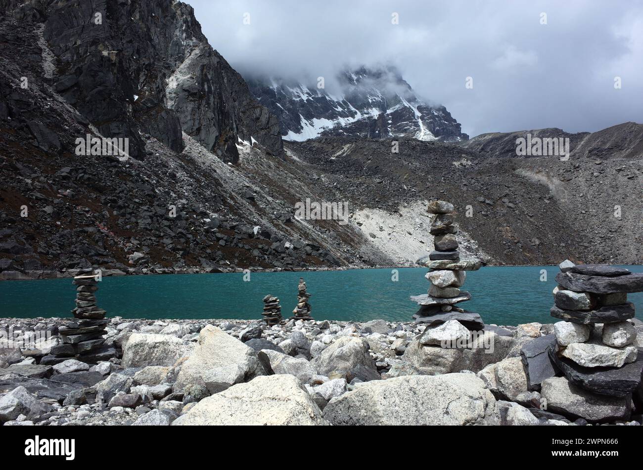Hiking in Nepal Himalayas, Stone pyramids next to Gokyo lake (4870 m ...