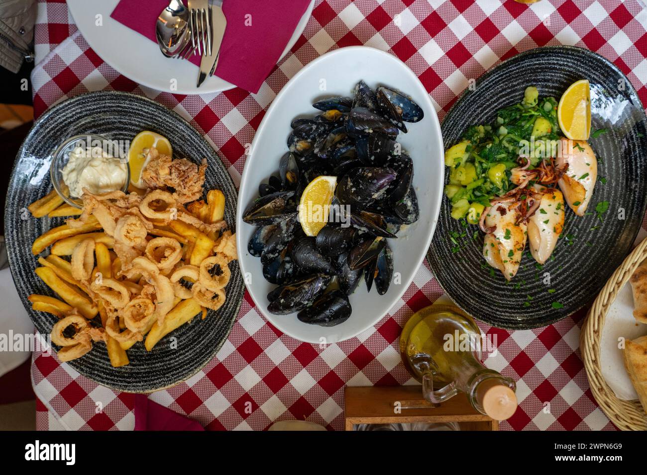 seafood table in Rovinj Croatia with calamari squid and mussels Stock ...