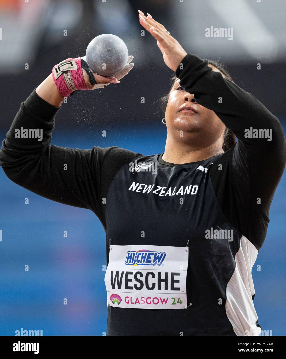 Maddison-Lee Wesche of New Zealand competing in the women’s shot put at ...