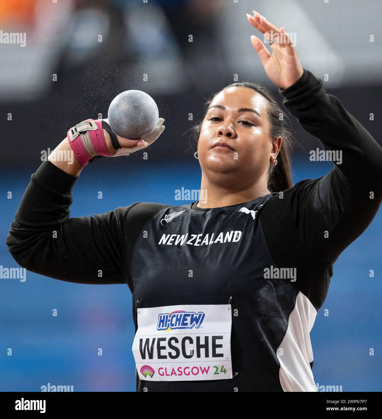 Maddison-Lee Wesche of New Zealand competing in the women’s shot put at ...