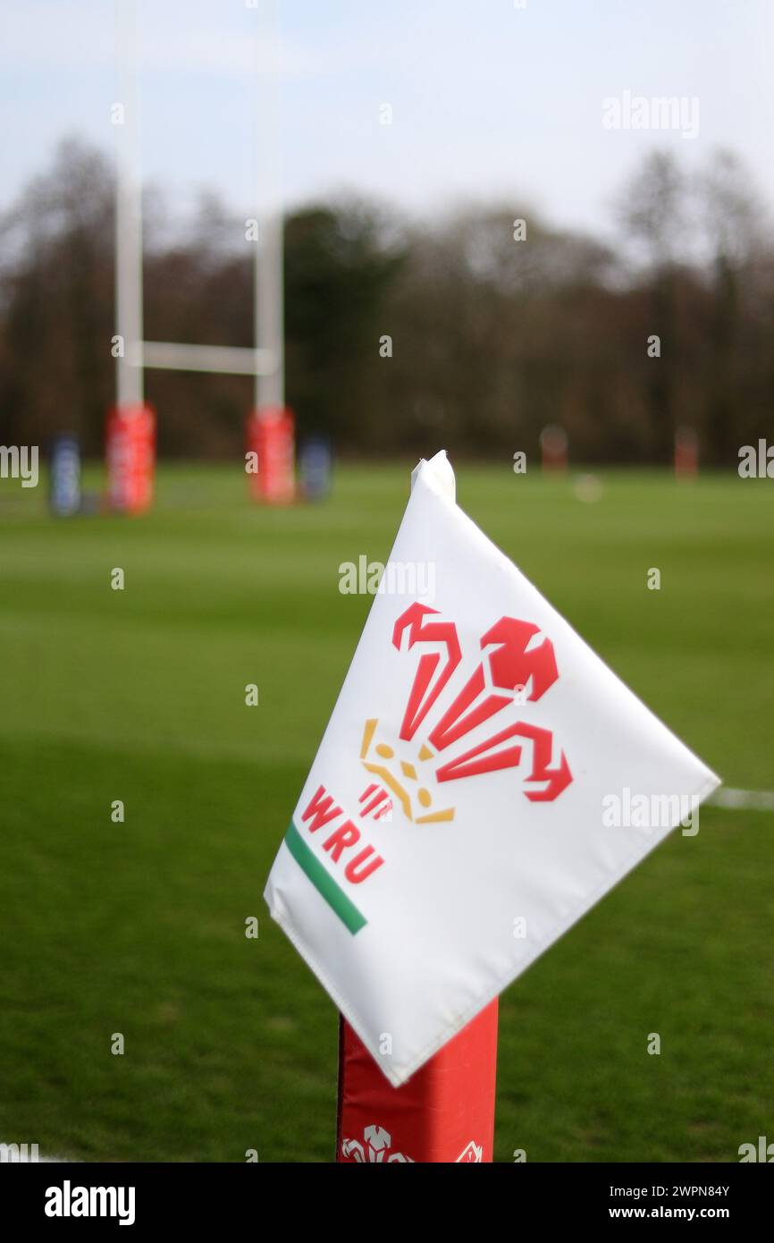 Cardiff, UK. 08th Mar, 2024. Welsh Rugby Union logo, touchline flag ...