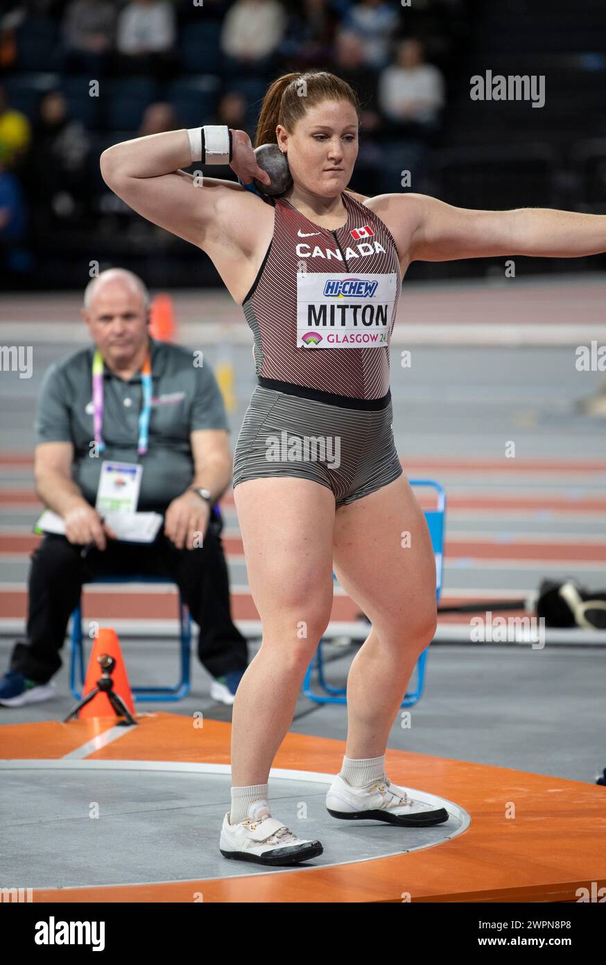 Sarah Mitton of Canada competing in the women’s shot put at the World ...
