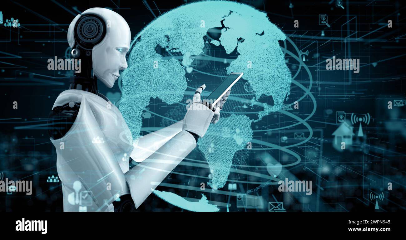 XAI 3d illustration Internet connection controlled by AI robot huminoid and machine learning ...