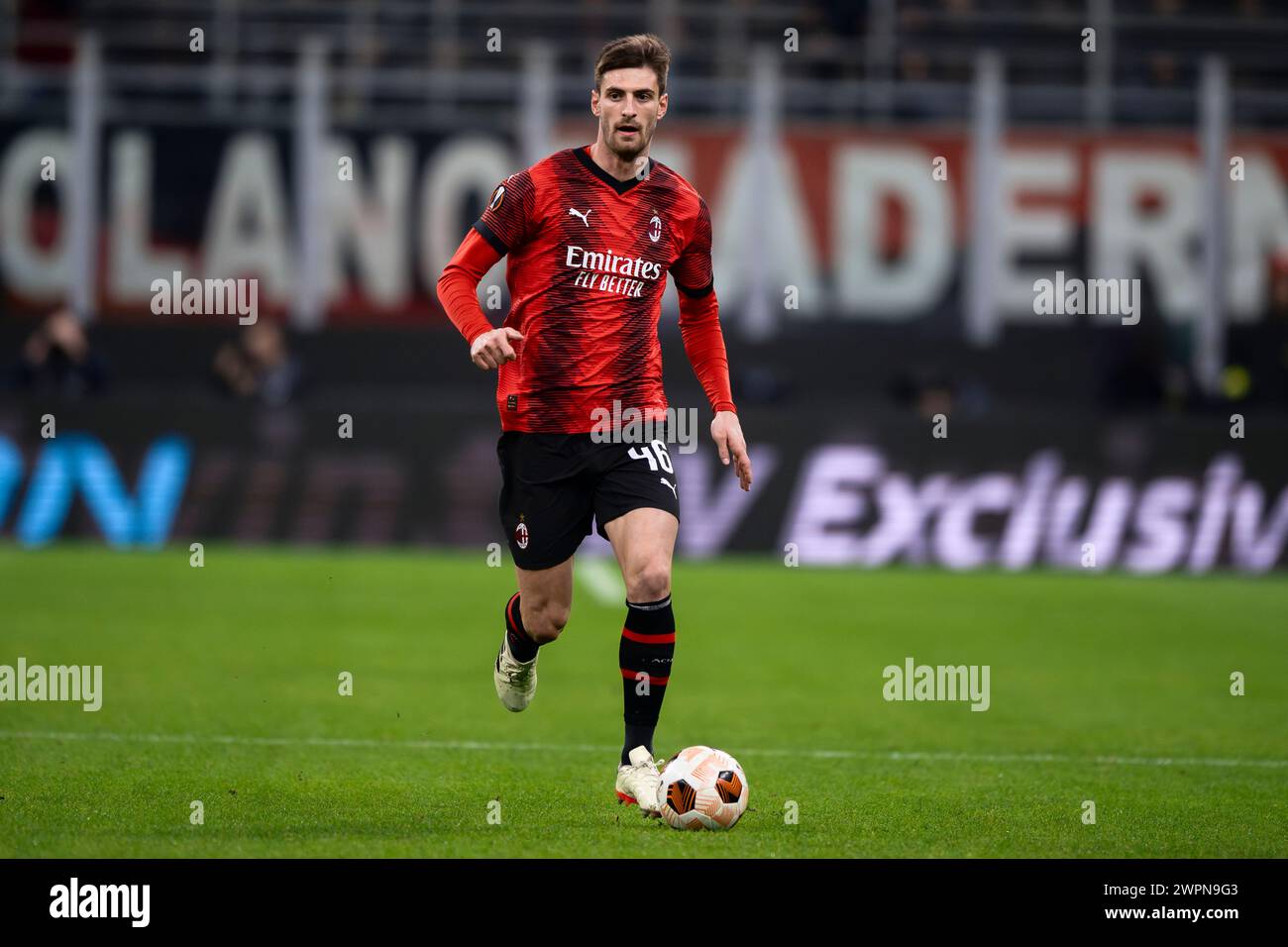 Milan, Italy. 7 March 2024. Matteo Gabbia of AC Milan in action during the UEFA Europa League ...