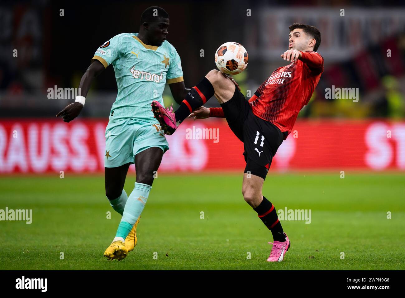Milan, Italy. 7 March 2024. Christian Pulisic of AC Milan competes for ...
