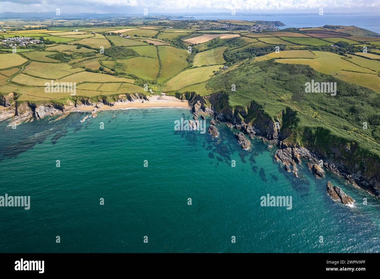 Hemmick Beach and the coast of St Austell seen from the air, Cornwall ...