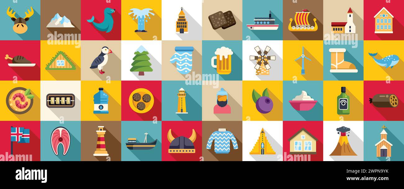 Iceland icons set flat vector. North island polar. Tourist adventure ...