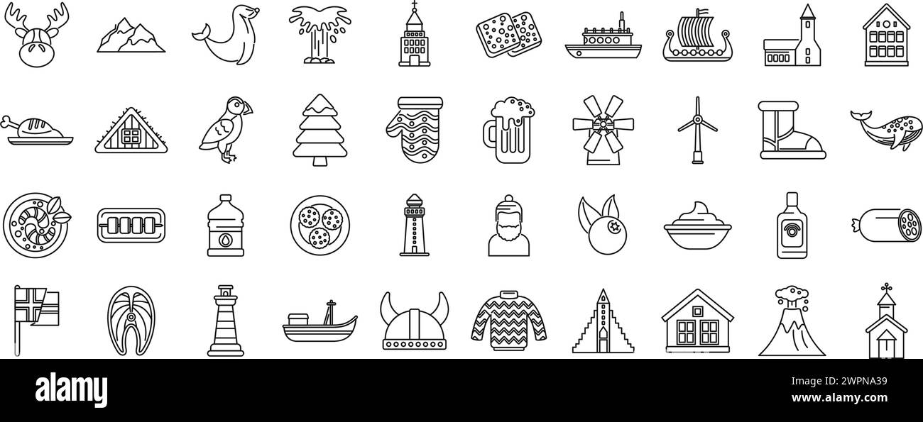 Iceland icons set outline vector. North island polar. Tourist adventure ...