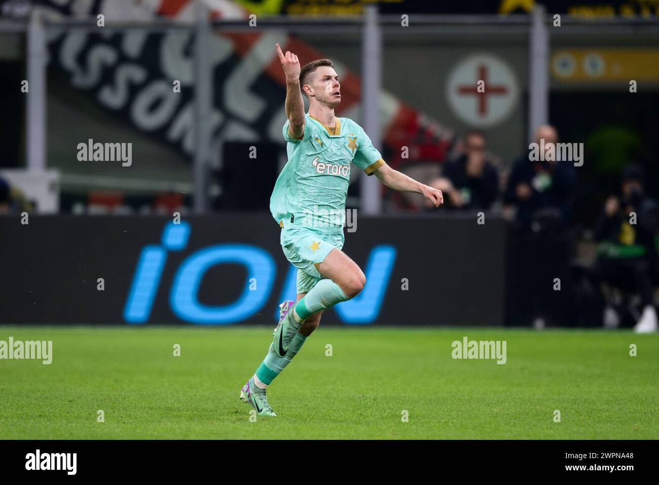 Milan, Italy. 7 March 2024. David Doudera of SK Slavia Praha celebrates ...