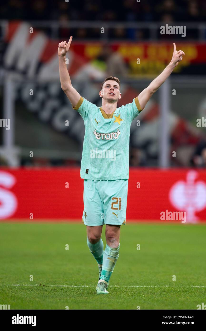 Milan, Italy. 7 March 2024. David Doudera of SK Slavia Praha celebrates ...
