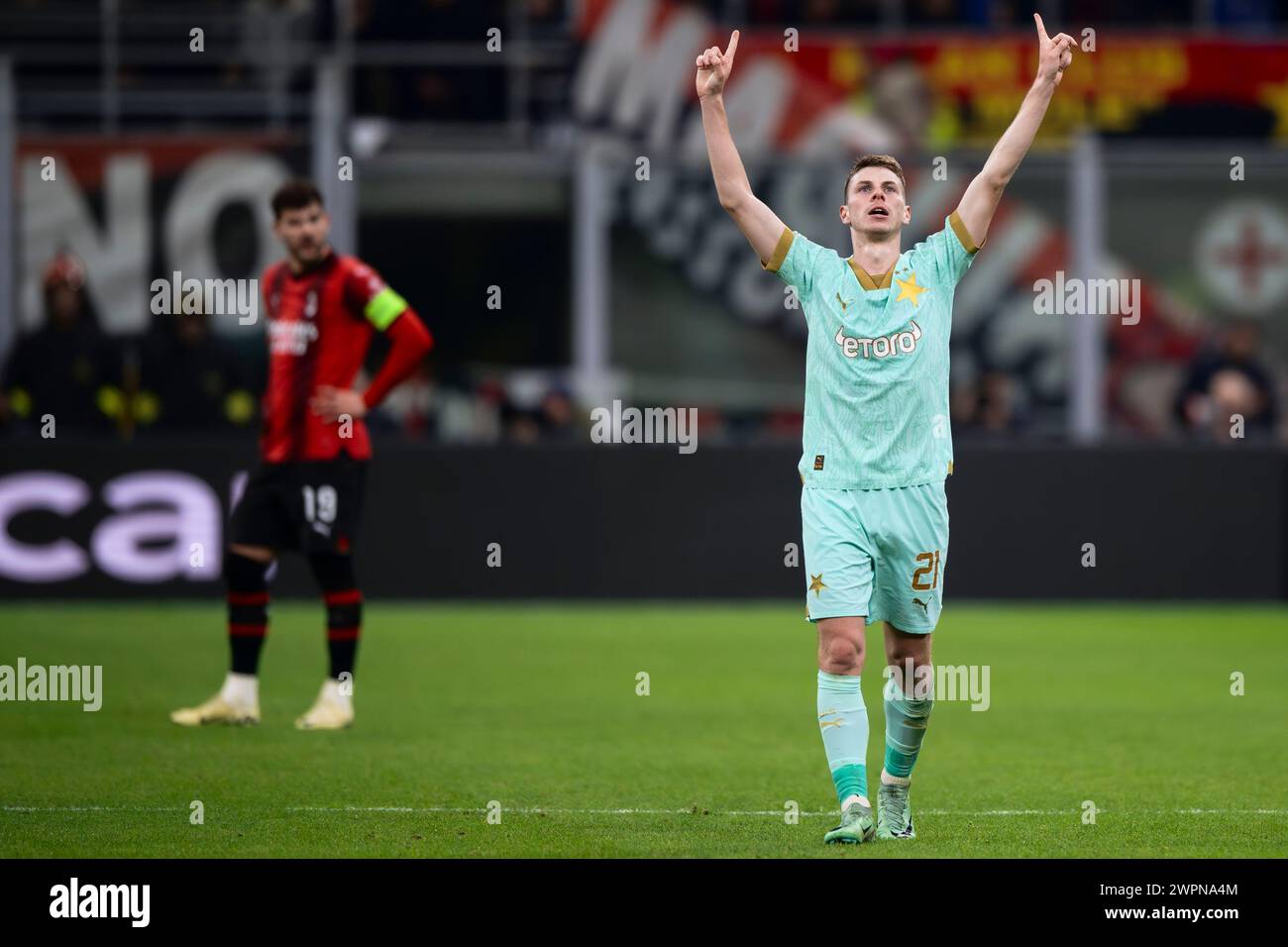 Milan, Italy. 7 March 2024. David Doudera of SK Slavia Praha celebrates ...
