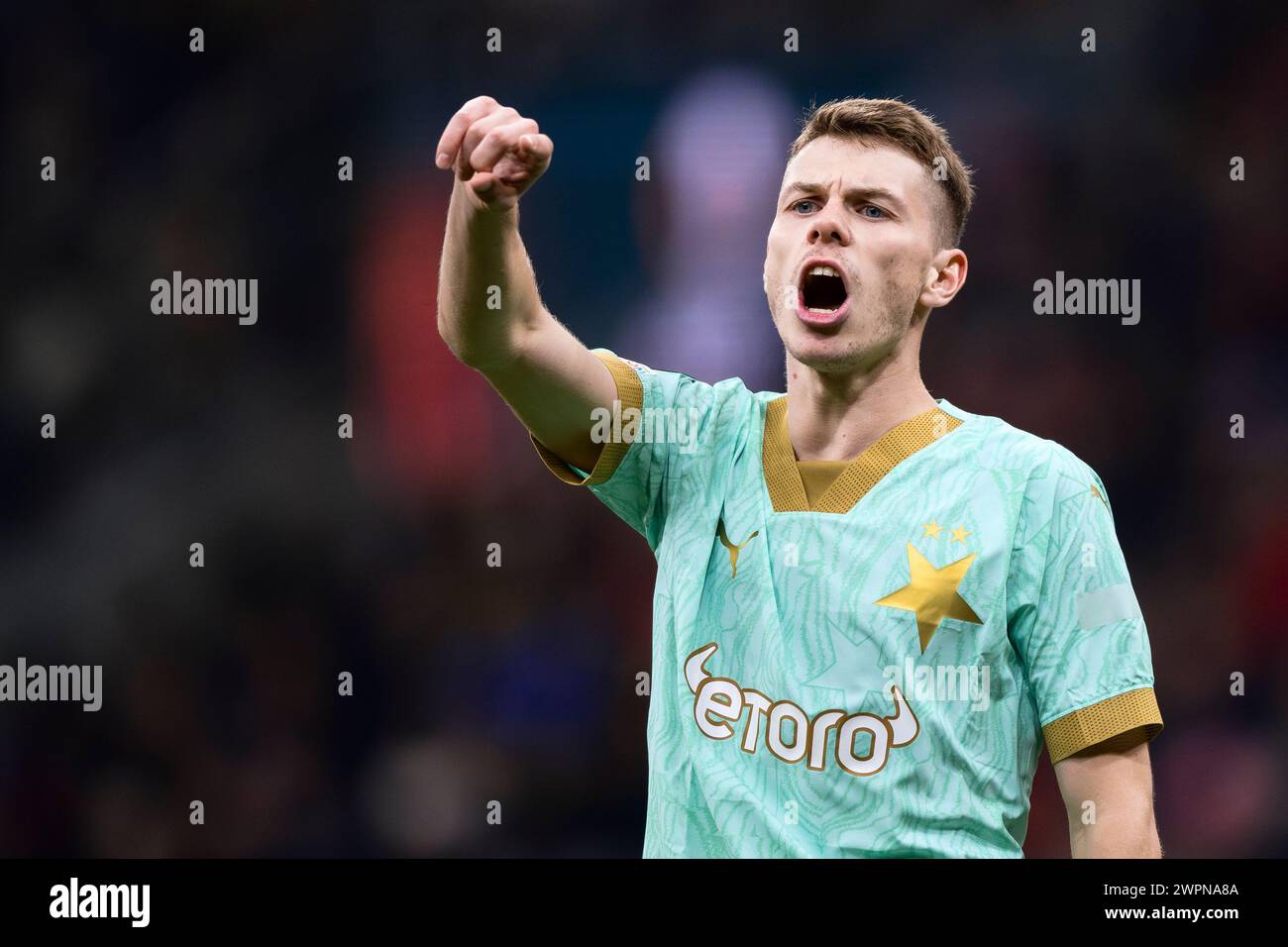Milan, Italy. 7 March 2024. David Doudera of SK Slavia Praha gestures ...
