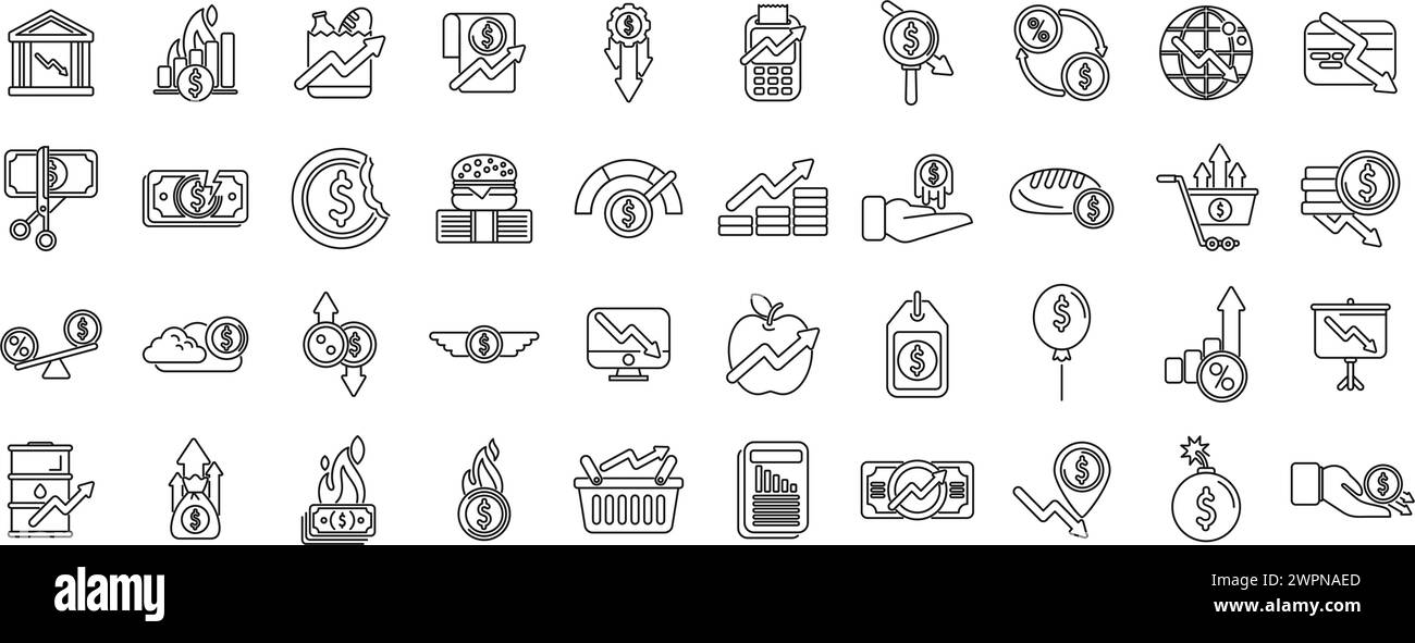 Inflation icons set outline vector. Cost increase money. Business gold ...