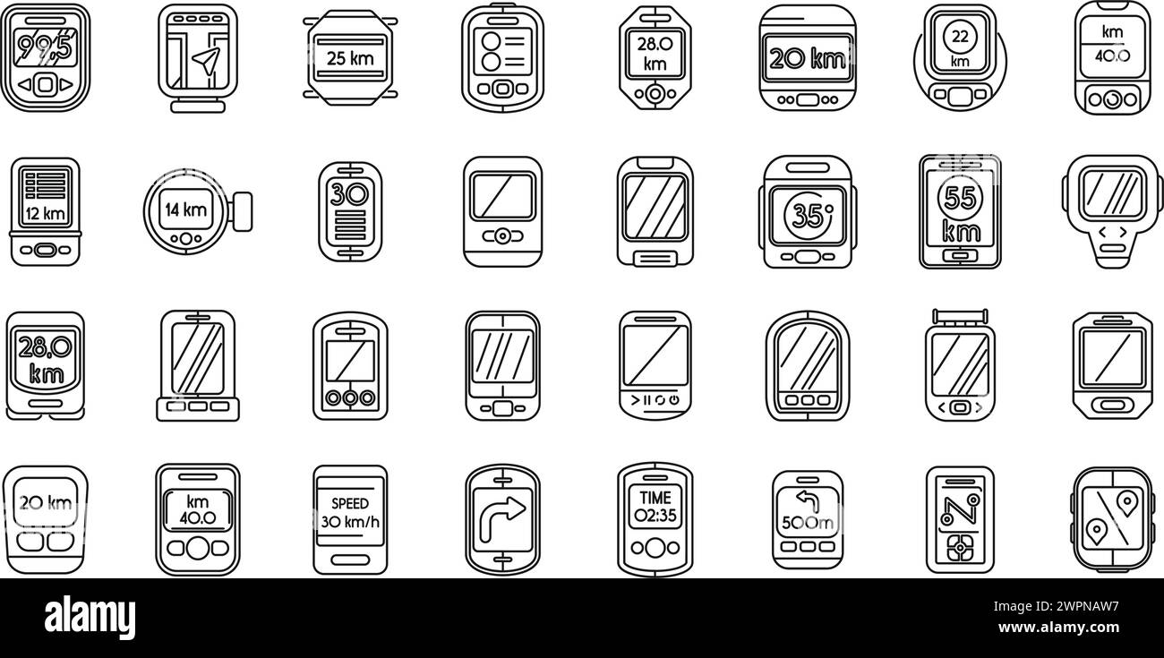Bike computer icons set outline vector. Road digital sports. Healthy ...
