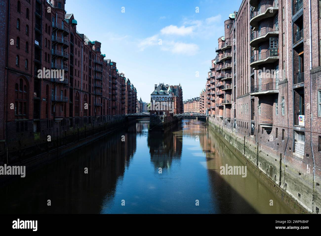 View of the moated castle in Hamburg's Speicherstadt warehouse district ...