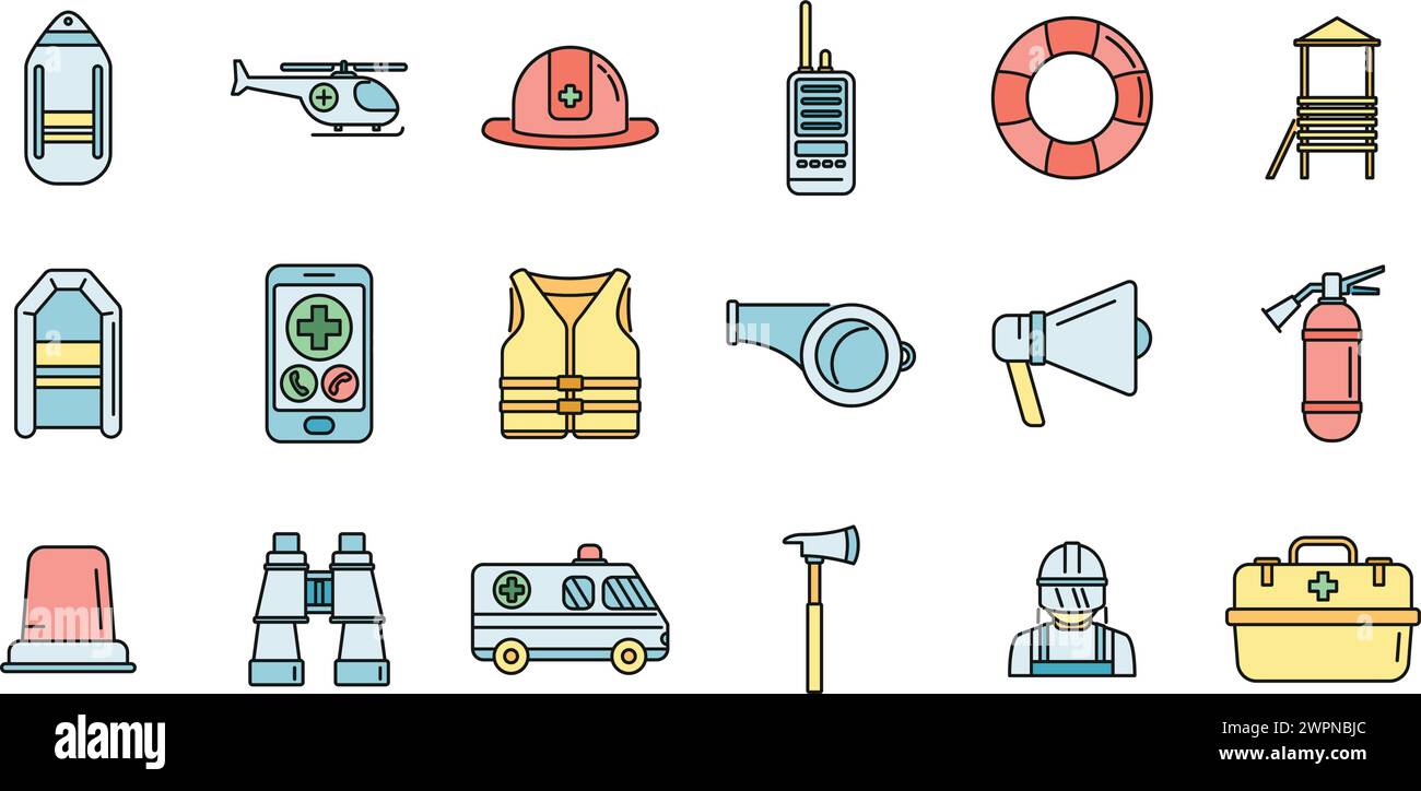 Rescuer icons set outline vector. Hurricane flood. People victim color ...