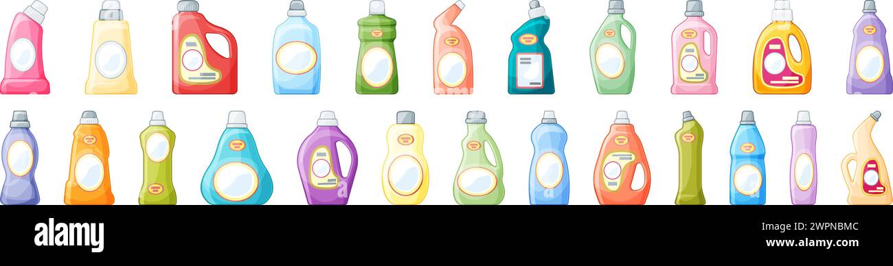 Bleach icons set cartoon vector. Clean bottle product. Plastic liquid ...