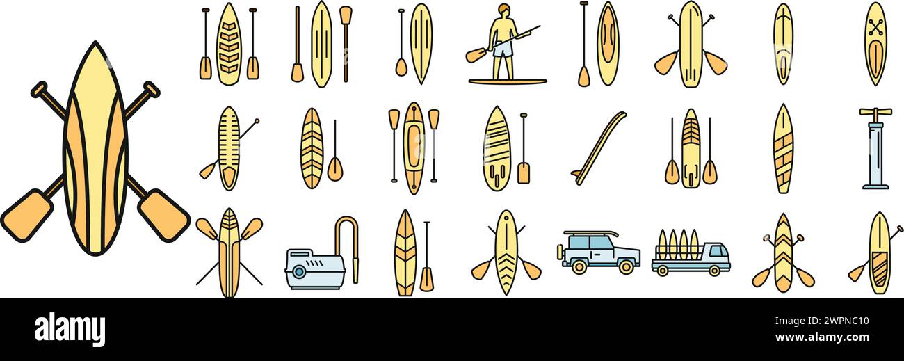 Sup surfing icons set outline vector. Surf board. Puddle gear color line isolated Stock Vector ...