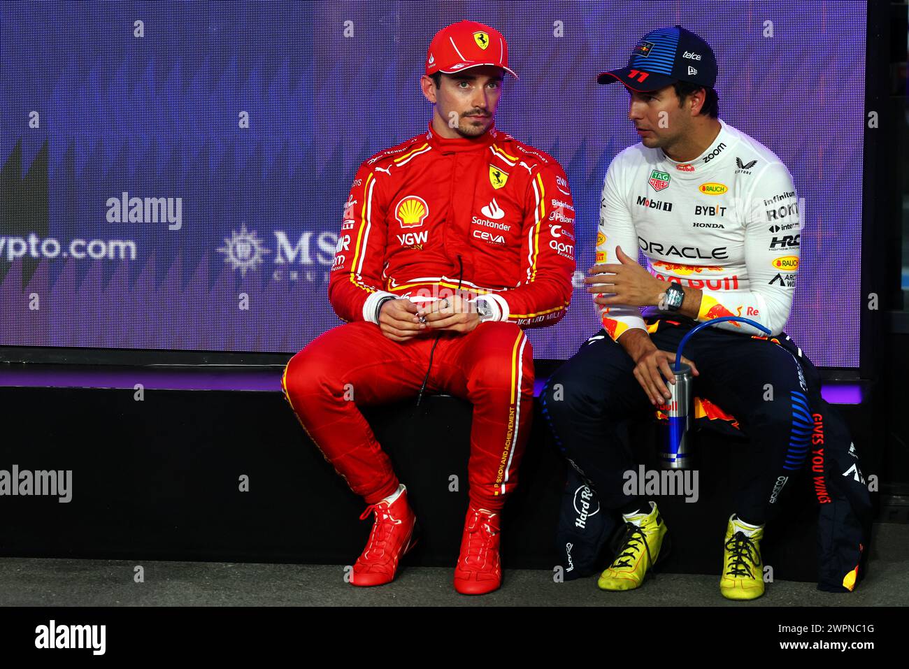 Jeddah, Saudi Arabia. 08th Mar, 2024. (L to R): second placed Charles Leclerc (MON) Ferrari with ...