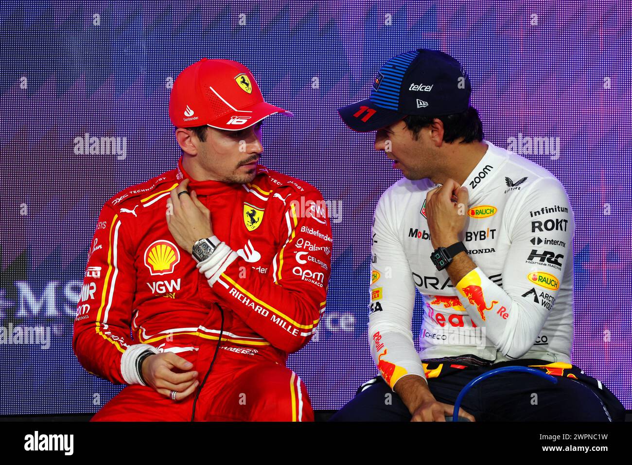 Jeddah, Saudi Arabia. 08th Mar, 2024. (L to R): second placed Charles Leclerc (MON) Ferrari with ...