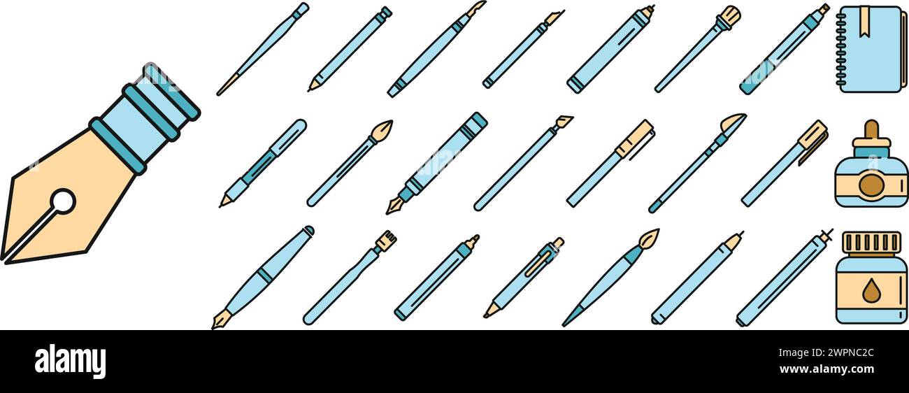 Calligraphy tools icons set outline vector. Paint nib. Lettering kit ...