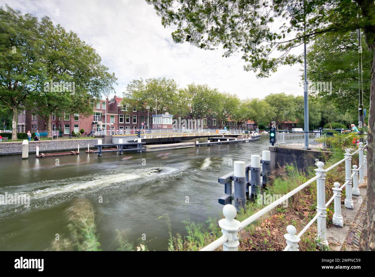 Lock, canal, bridge, historic old town, architecture, view, Delft ...