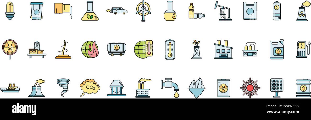 Global warming icons set outline vector. Climate change. Earth warm ...