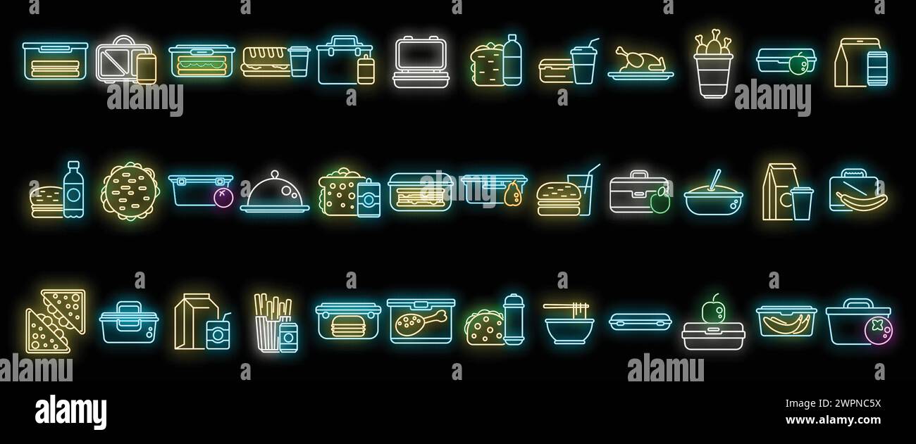 Lunch icons set outline vector. Food tray. School meal neon isolated ...